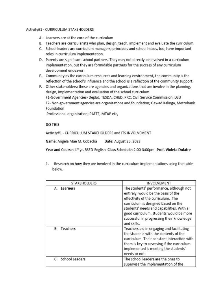 Curriculum Stakeholders' Roles Explained | PDF | Curriculum | Learning