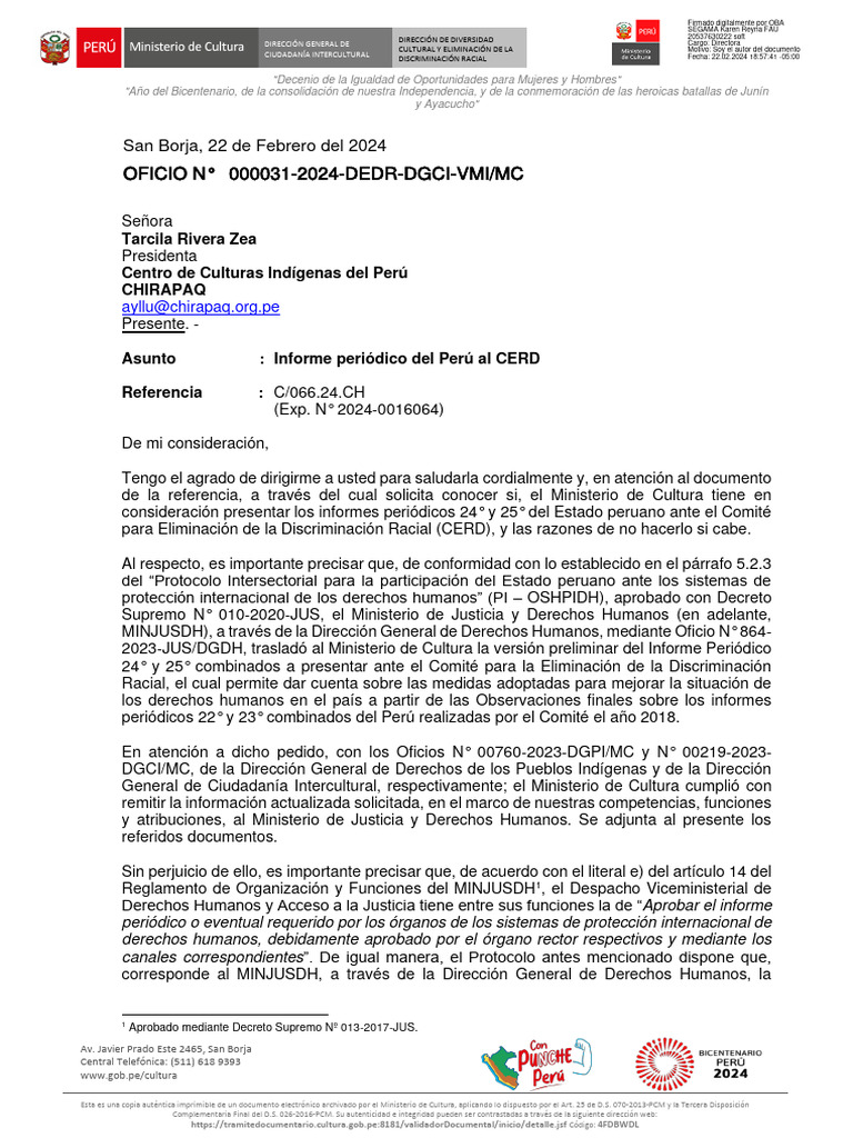 Oficio 000031 2024 Dedr Dgci Vmi | PDF | Perú | Derechos humanos