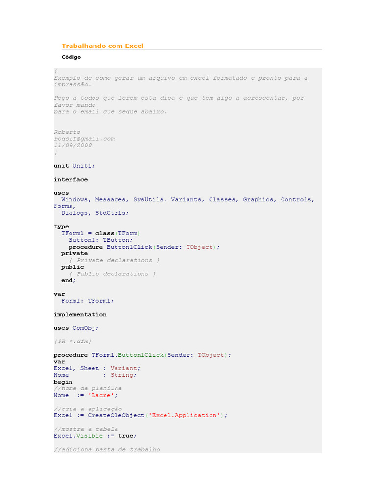 Trabalhando Com Excel No Delphi 1 Pdf Microsoft Excel Cor 