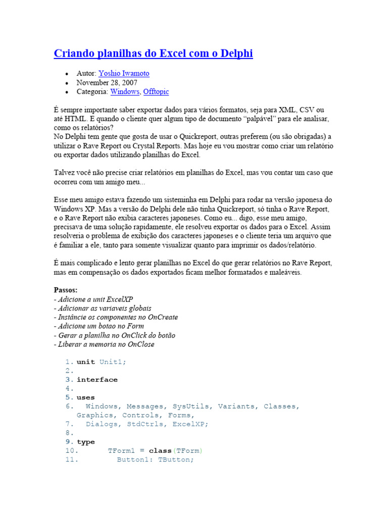 Trabalhando Com Excel No Delphi #2 | Download grátis PDF | Microsoft Excel | Microsoft Windows