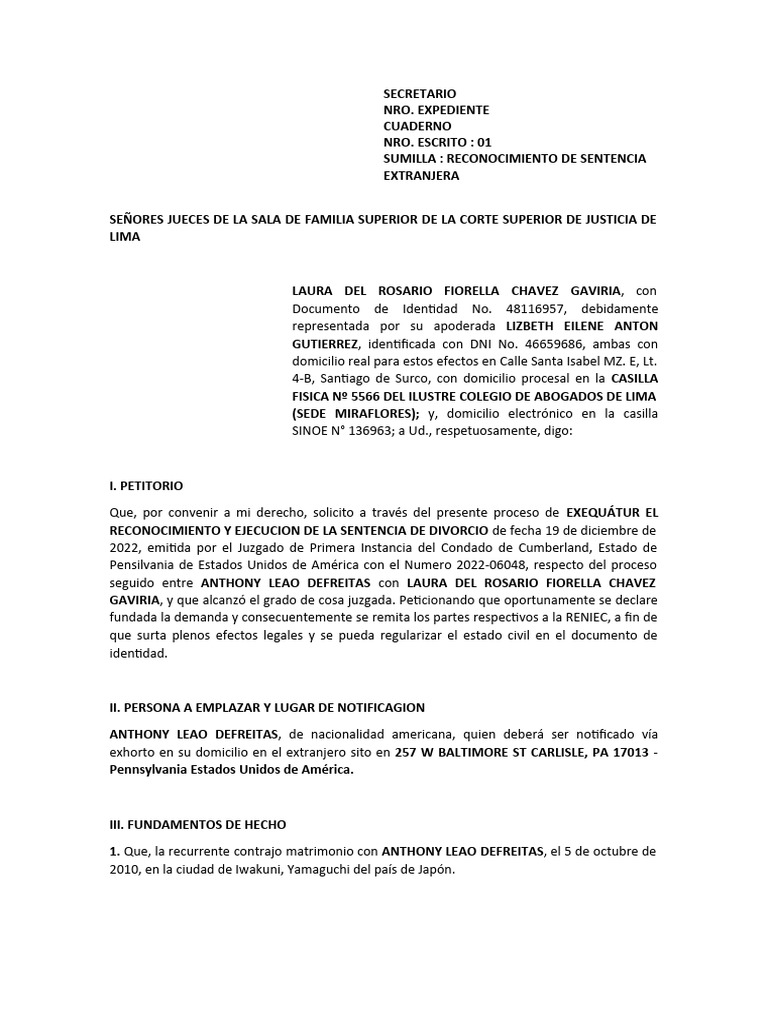 Demanda - Exequátur | PDF | Divorcio | Sentencia (ley)