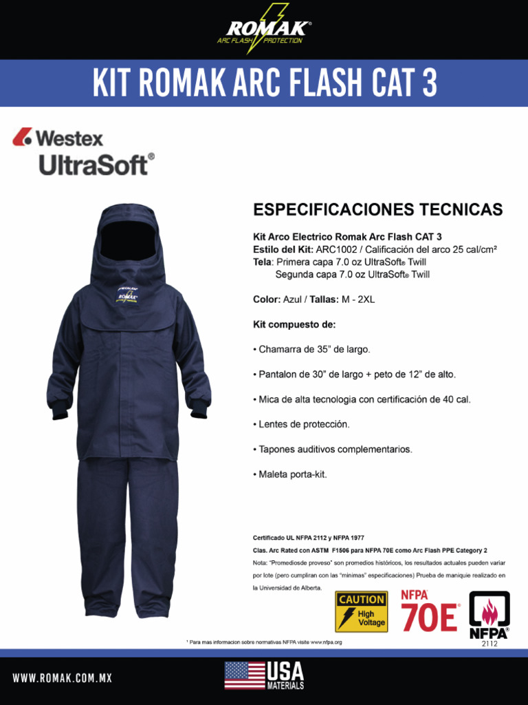 Ficha Tecnica ARC1002 Kit Romak ArcFlash Cat 3 | PDF