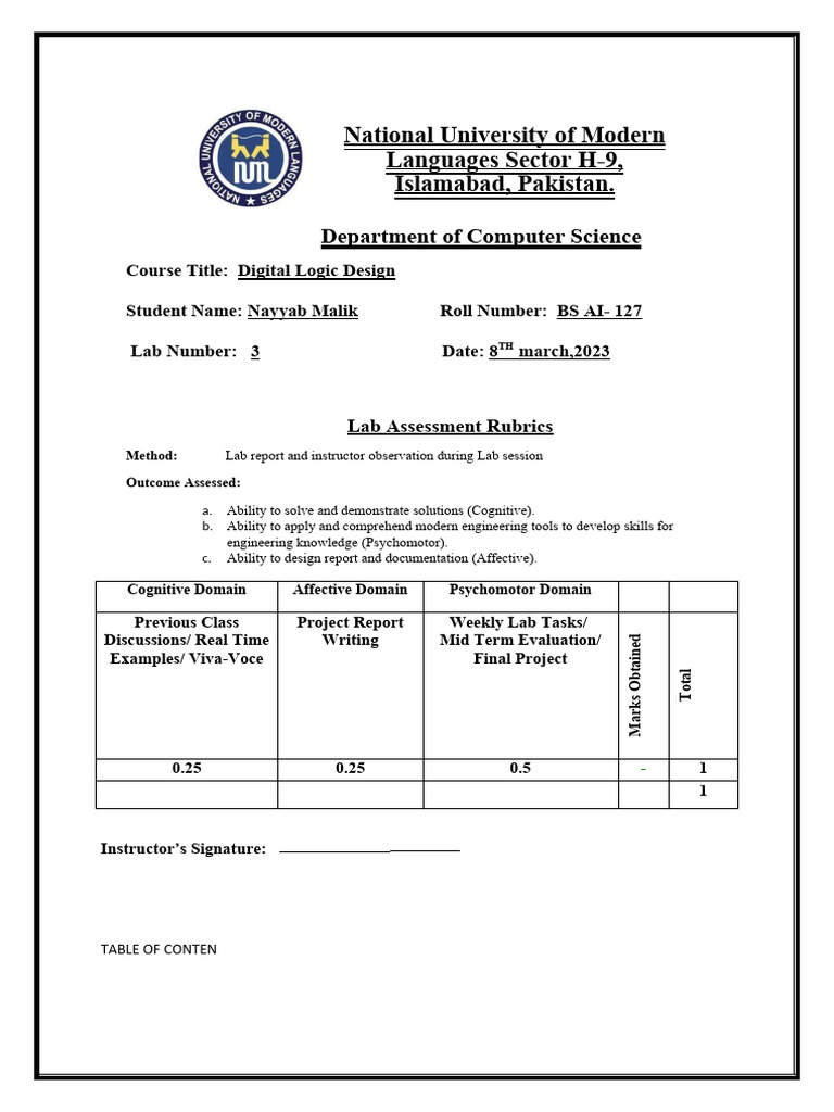 Digital Logic Design Lab Report | PDF