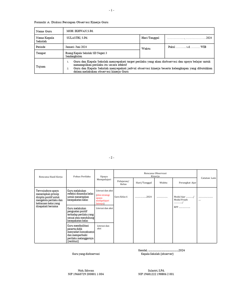 Format Observasi Kinerja Guru | PDF