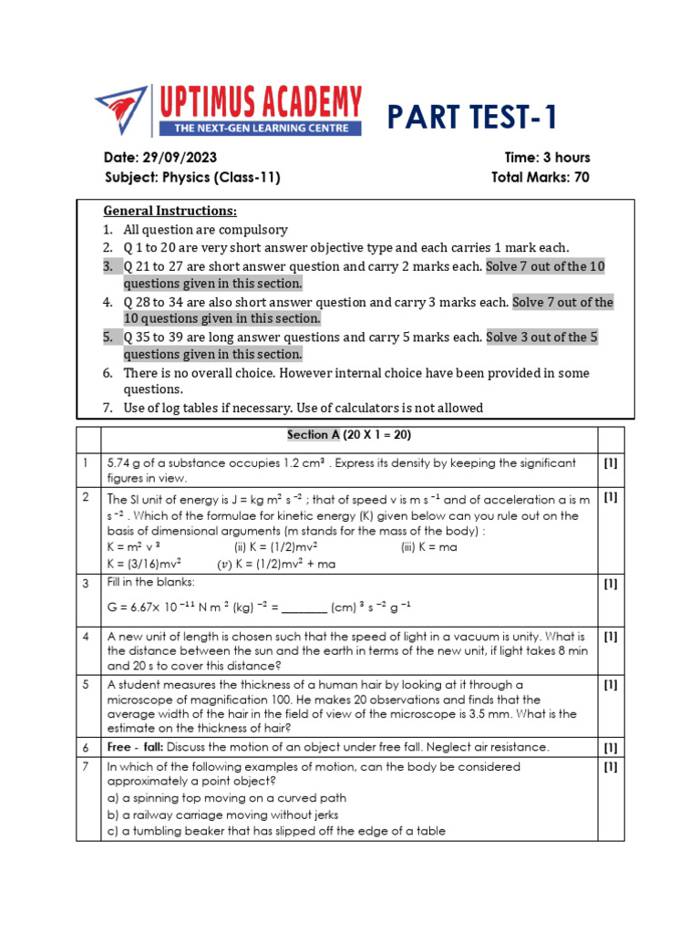 Phy - Class 11 Part Test-1 | PDF | Velocity | Force Phy - Class 11 Part Test-1 | PDF | Velocity | Force