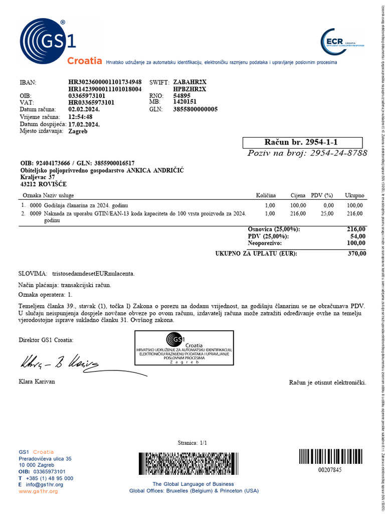 Račun Br. 2954-1-1: Poziv Na Broj: 2954-24-8788 | PDF