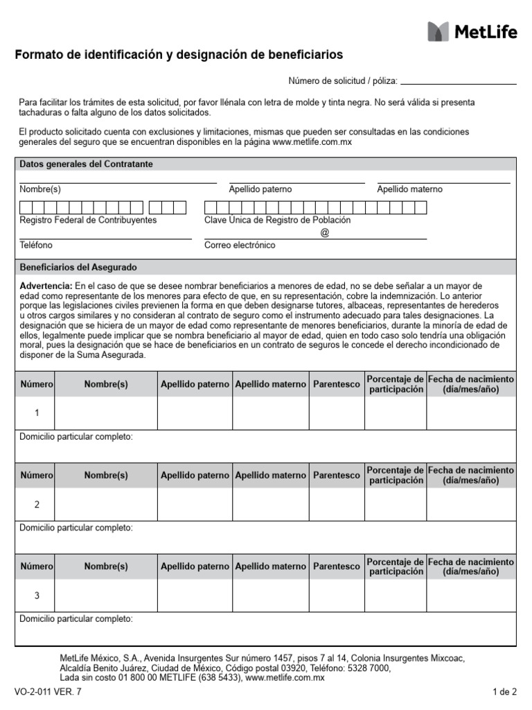 $metlife Designacion de Beneficiarios Vo-2-011 | PDF