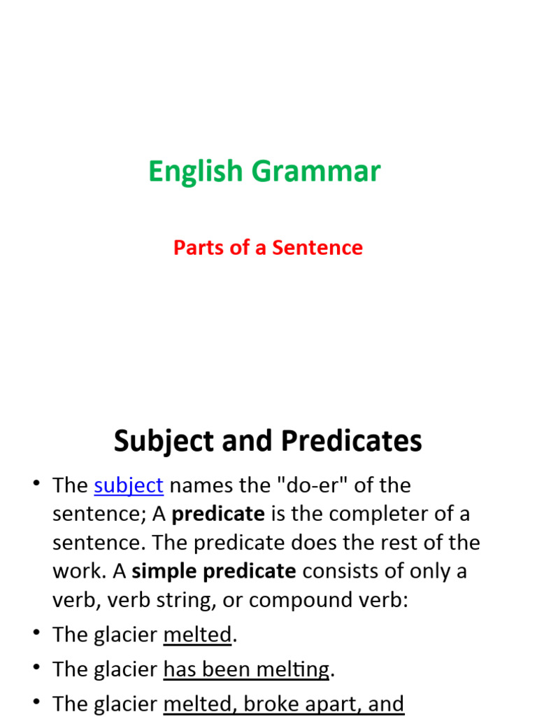 Grammar - Parts of A Sentence | PDF | Verb | Adjective