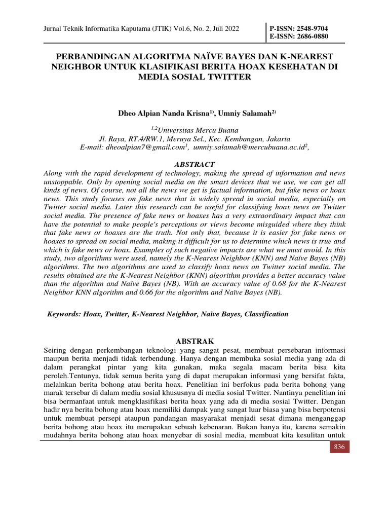 1_perbandingan Algoritma Naïve Bayes Dan K-nearest | PDF 1_perbandingan Algoritma Naïve Bayes Dan K-nearest | PDF