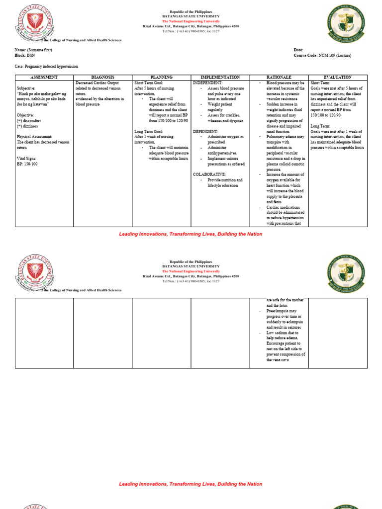 NCM 109L NCP Format | PDF | Blood Pressure | Hypertension