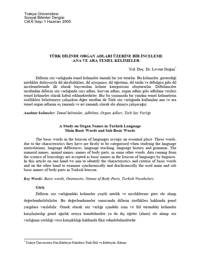 T - RK D - L - Nde Organ Adlari - Zer - Ne B - R - Nceleme - Ana Ve Ara Temel Kel - Meler ...