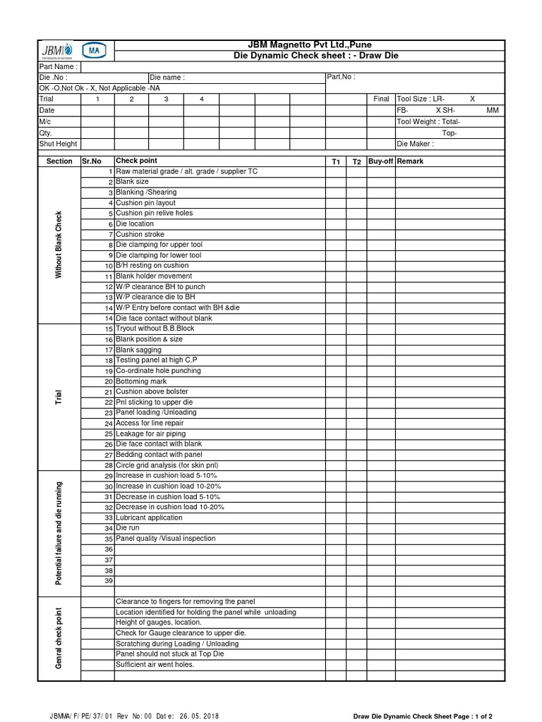 Die Dynamic Buyoff Check Sheet For Air Cushion Dies Pdf Secondary