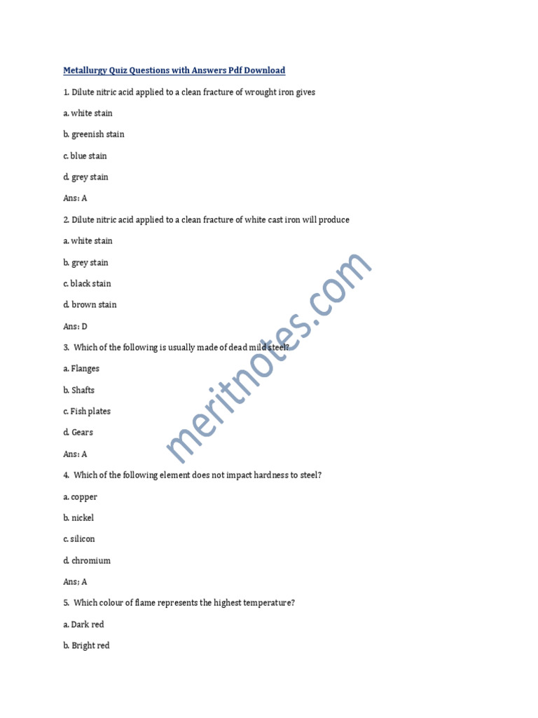 Metallurgy Quiz Questions Answers | PDF
