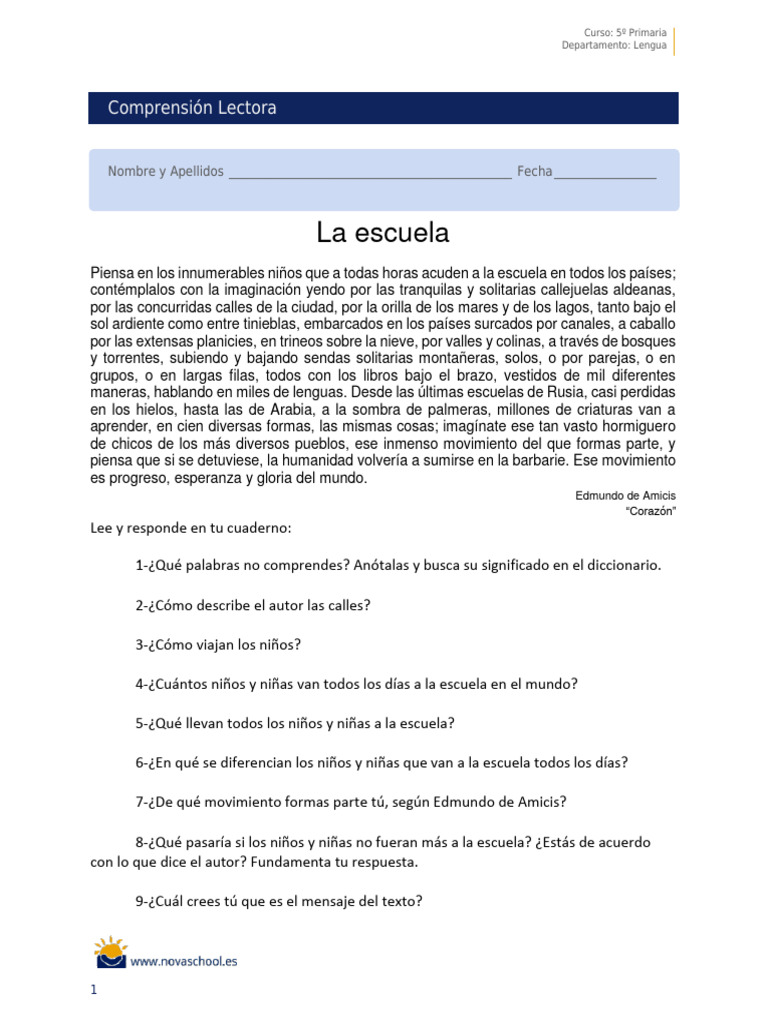 Comprensión Lectora La Escuela. | PDF | Estudios de idiomas extranjeros ...