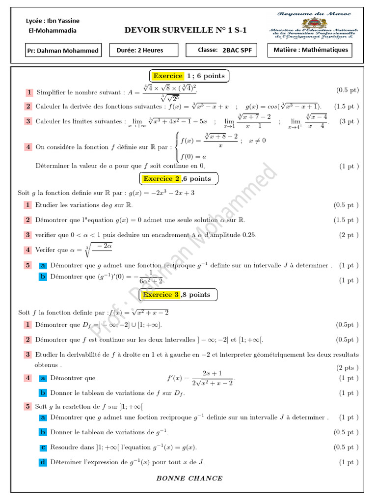 1 Devoir Surveille #1 S-: Lycée: Ibn Yassine El-Mohammadia Matière: Mathématiques | PDF