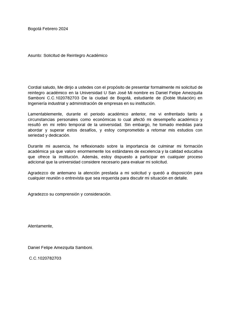 Carta Solicitud de Reintegro Académico 2024. | PDF