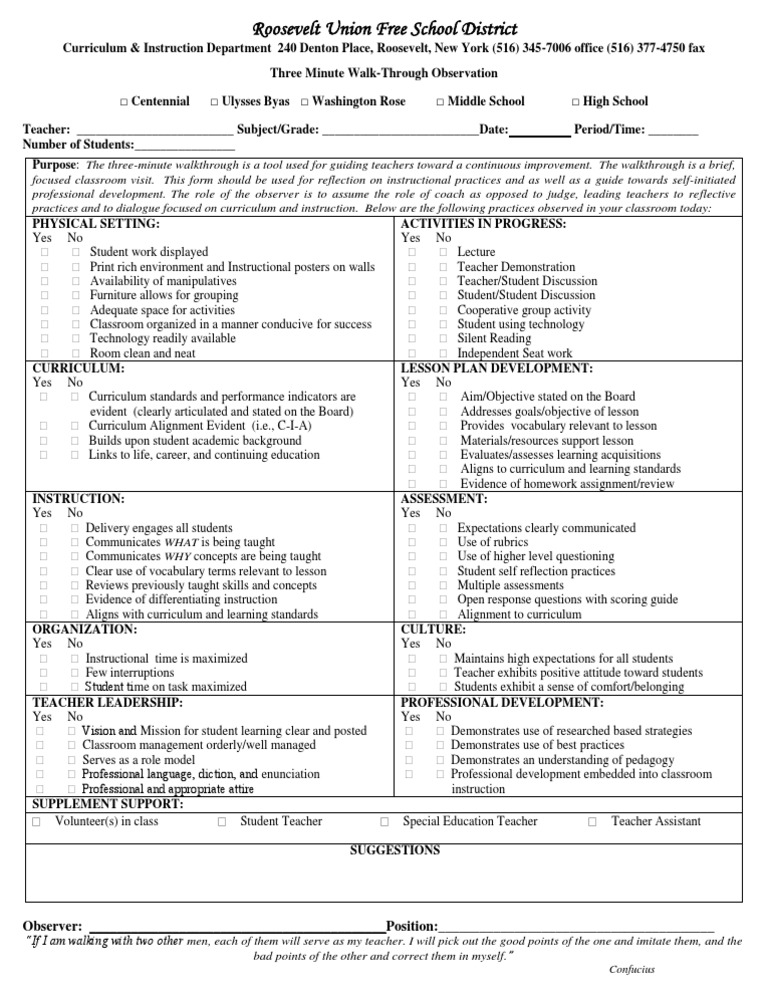 FINAL 3 Minute Walk Through Template 3-23-10 | Teachers | Curriculum