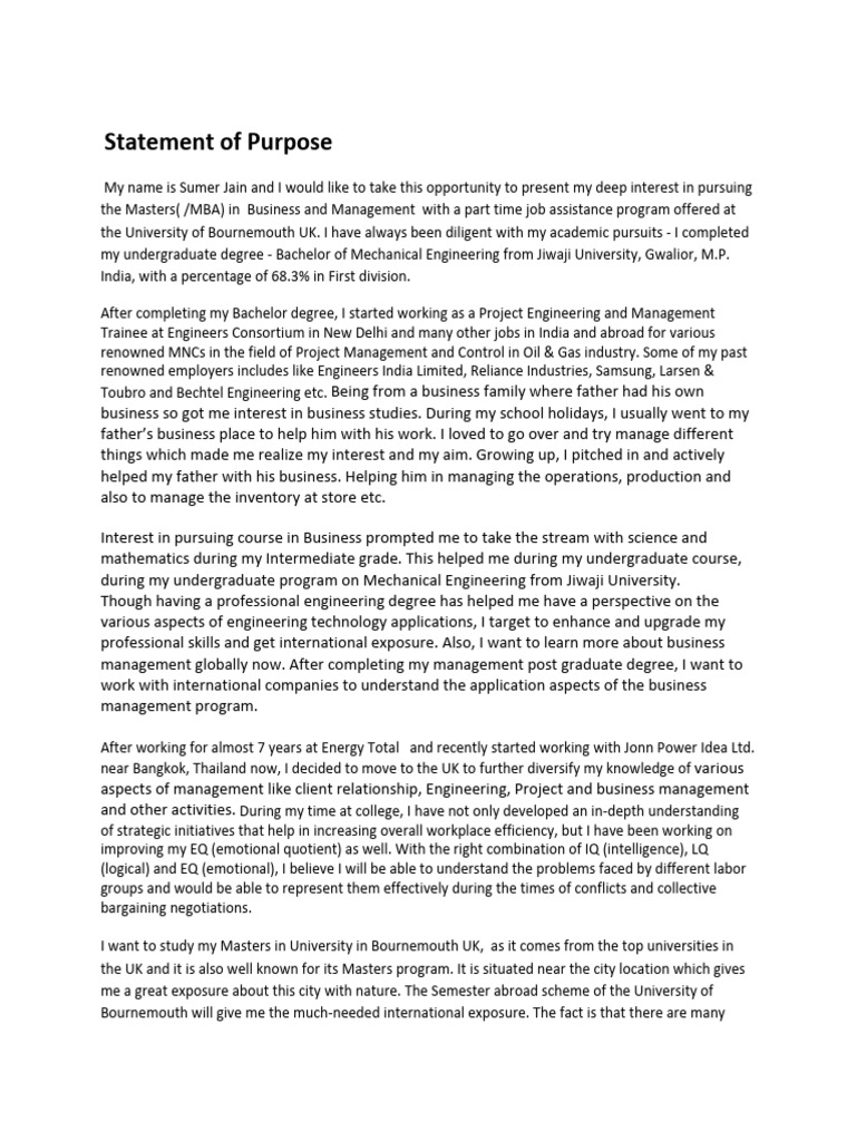 SOP - Sumer Jain University of Middlesex PDF | PDF | Undergraduate ...