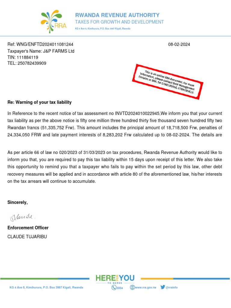 Tax Liability Warning for J&P FARMS Ltd | PDF | Finance & Money Management