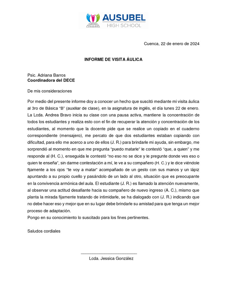 Informe de Visita Aulica 3RO B | PDF