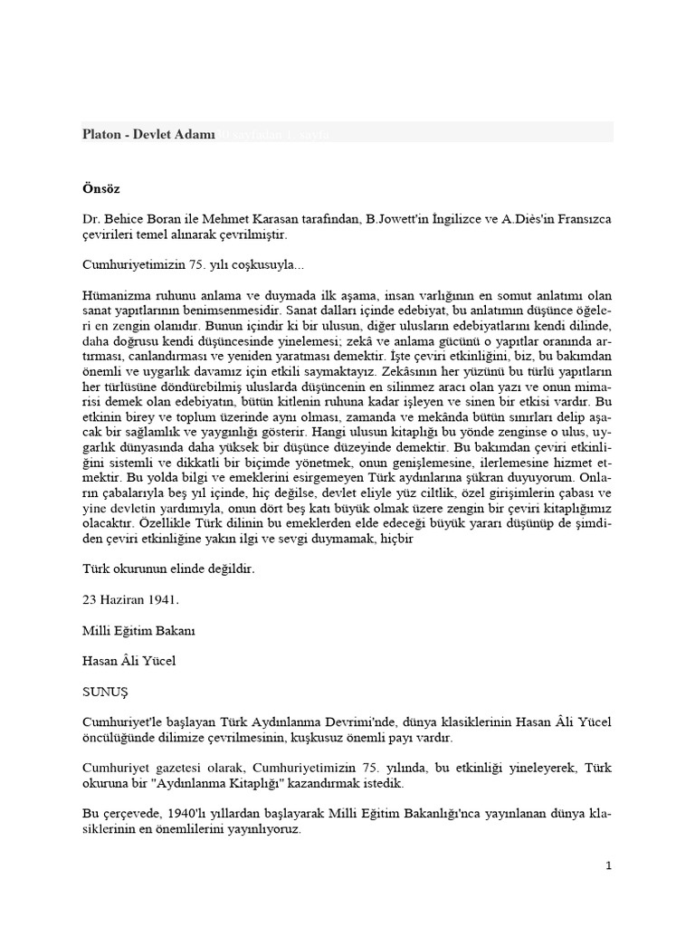 Platon - Devlet Adamı: 30 Sayfadan 1. Sayfa | PDF