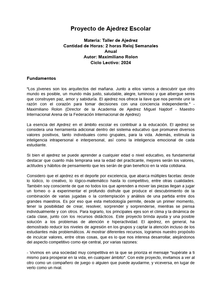 Proyecto Ajedrez Escolar | PDF | Matemáticas | Ajedrez