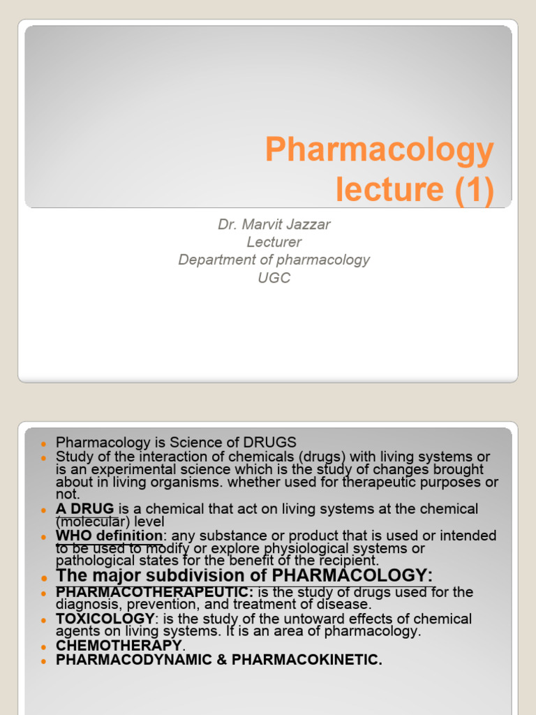Pharmacology Lecture (1) : Dr. Marvit Jazzar Lecturer Department of ...