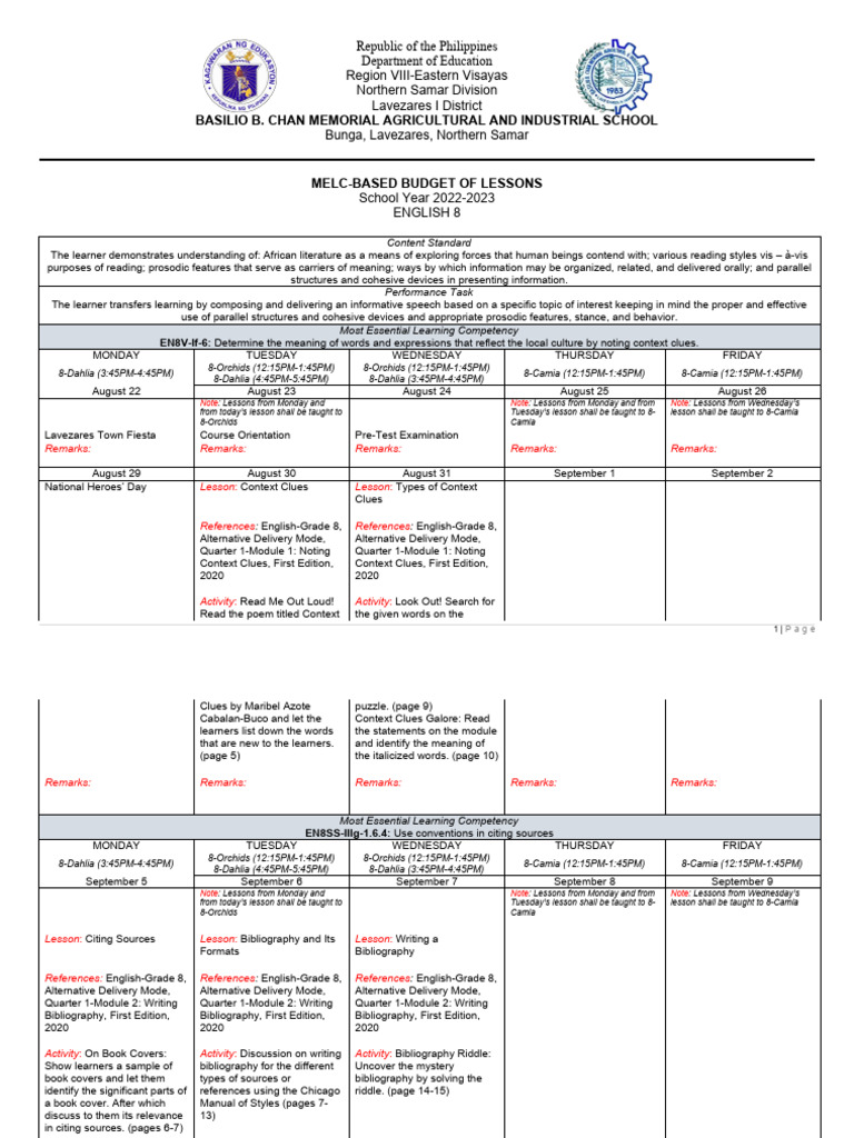 MELC-Based English 8 Lesson Plans | PDF | Adverb | Verb