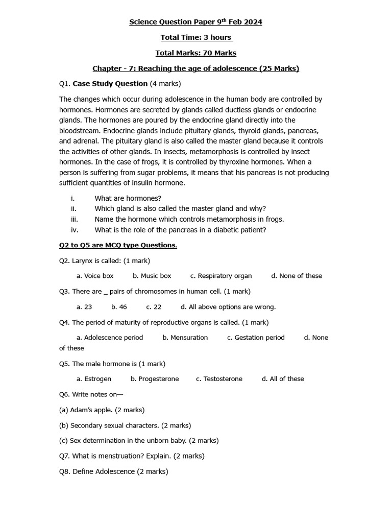 Science QuesPaper 9thfeb | PDF | Endocrine System | Hormone