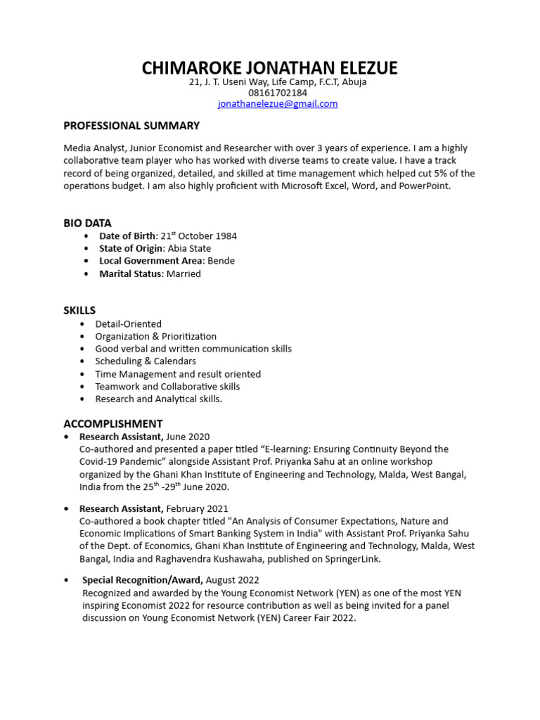 Chimaroke Jonathan Elezue (CV) | PDF