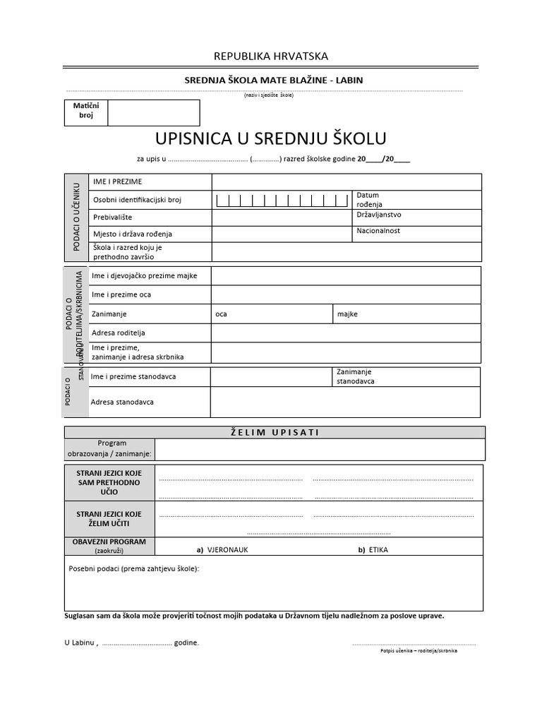 Upisnica U Srednju Skolu | PDF