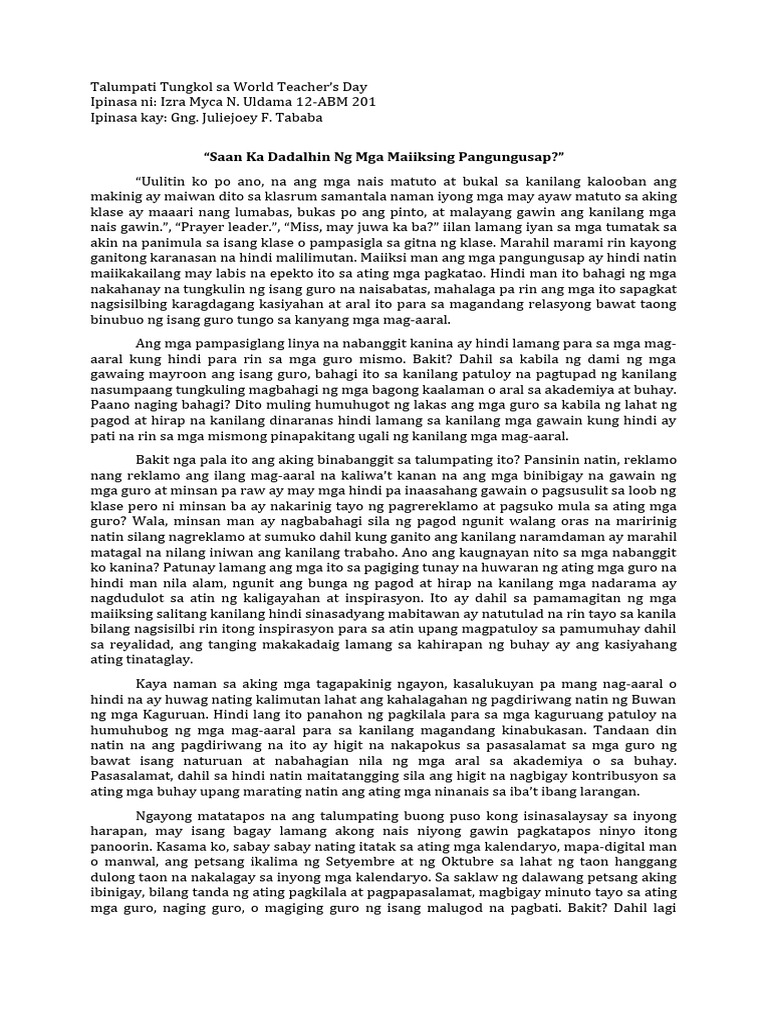 Talumpati Tungkol Sa World Teacher | PDF