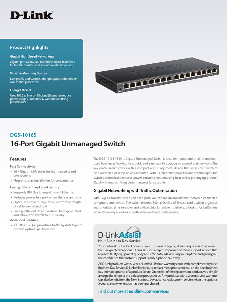 DGS 1016S Datasheet EU EN | PDF | Network Switch | Ethernet
