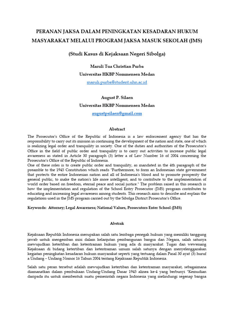 Peranan Jaksa Dalam Peningkatan Kesadaran Hukum Masyarakat Melalui Program Jaksa Masuk Sekolah ...