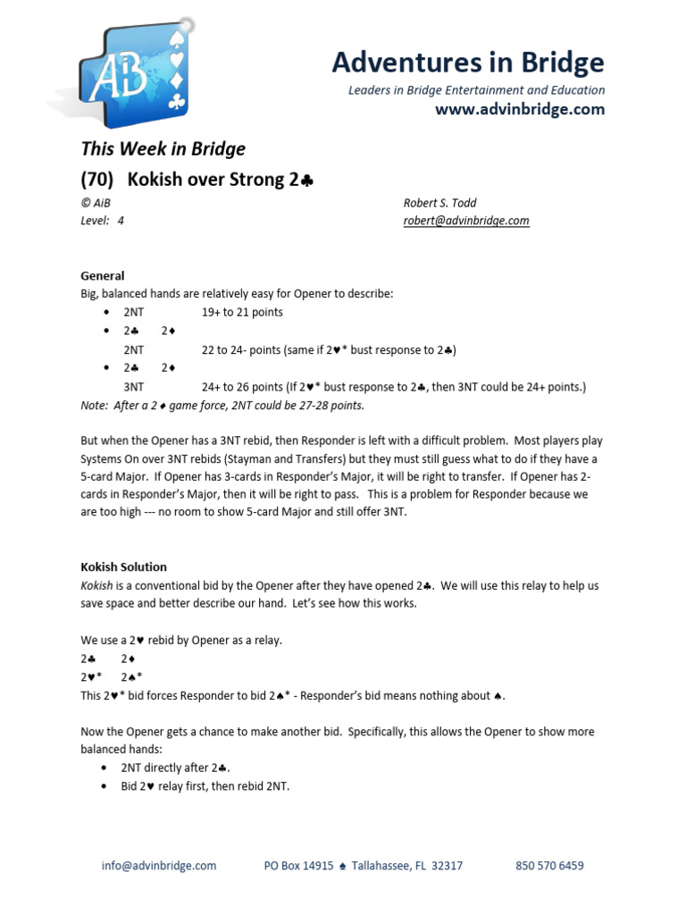Kokish Over 2C | PDF | Contract Bridge