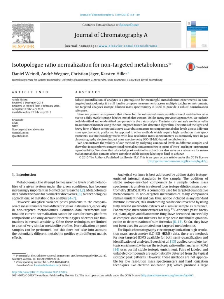 Weindl - Hiller 2015 - Isotopologue Normalization Non Targeted Metabolomics | PDF | Metabolomics ...