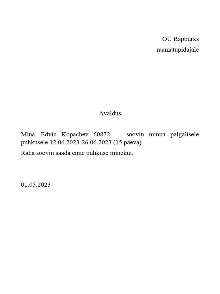 Puhkuse Avaldus | PDF