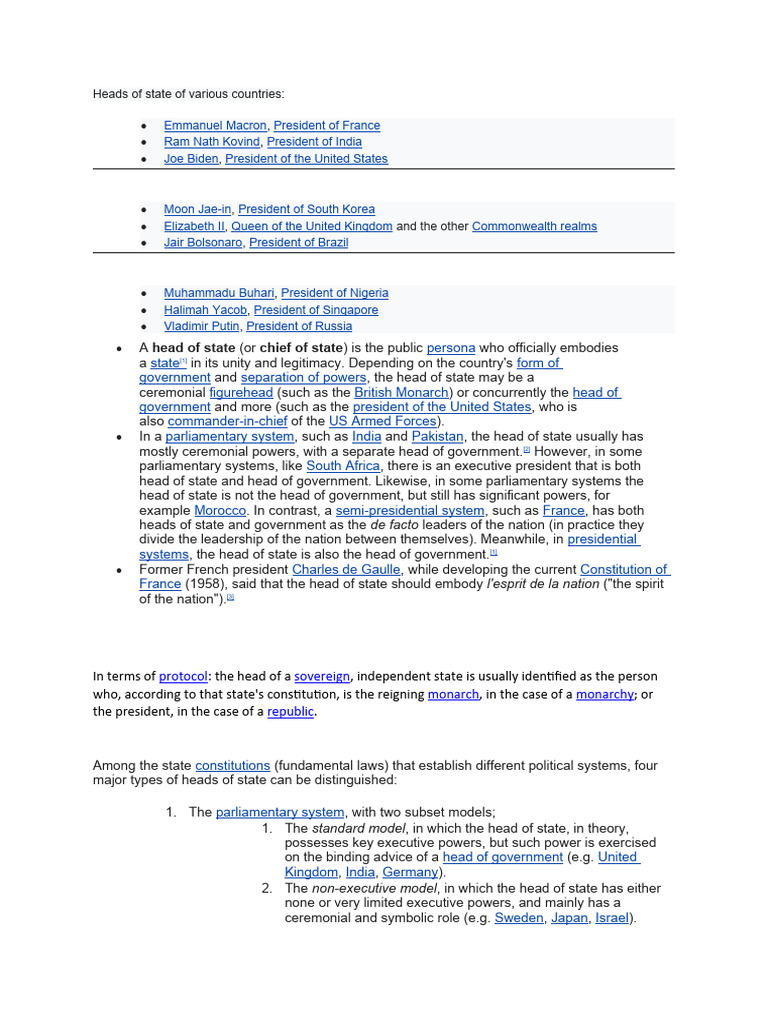 Heads of State of Various Countries | PDF | Heads Of State | Governance