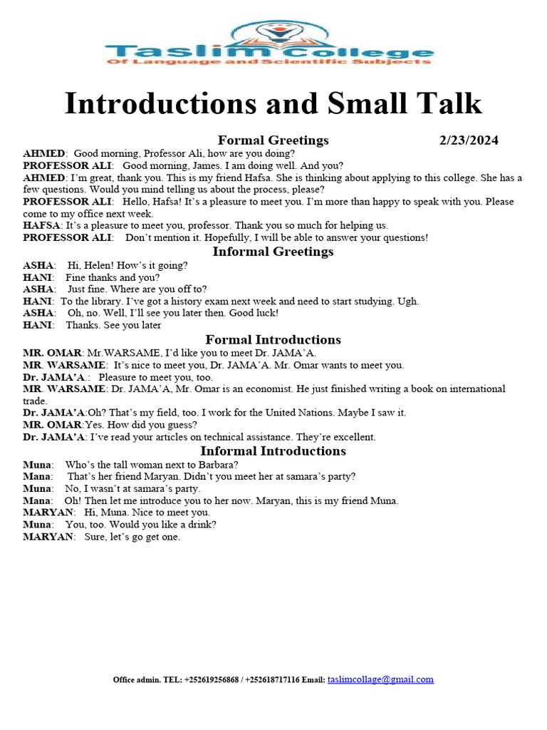 Introductions and Small Talk | PDF | Self-Improvement