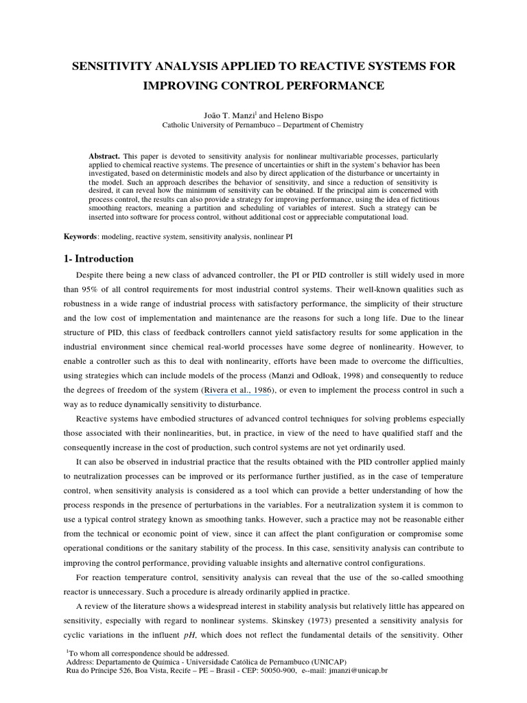 Sensitivity Analysis Applied To Reactive | PDF | Sensitivity Analysis | Control Theory