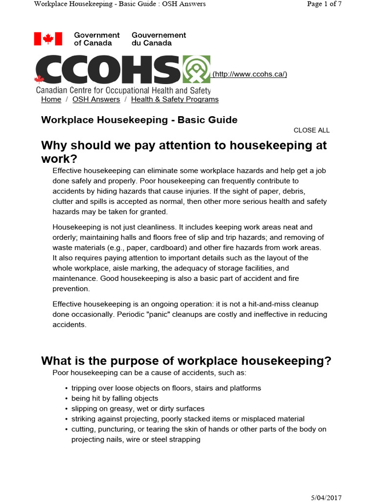 CCOHS - Workplace Housekeeping - Basic Guide | PDF | Housekeeping ...