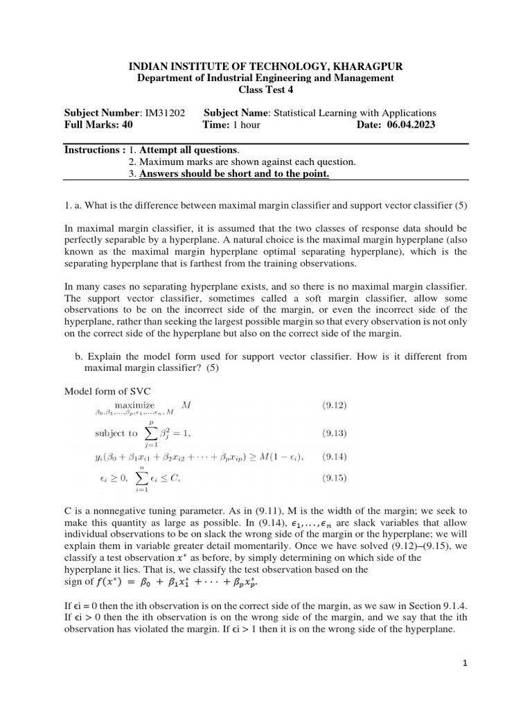 SLA - Class Test - 4 - AnswerKey | PDF | Support Vector Machine ...