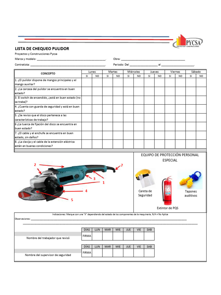 CHEK LIST Pulidor Electrico | PDF