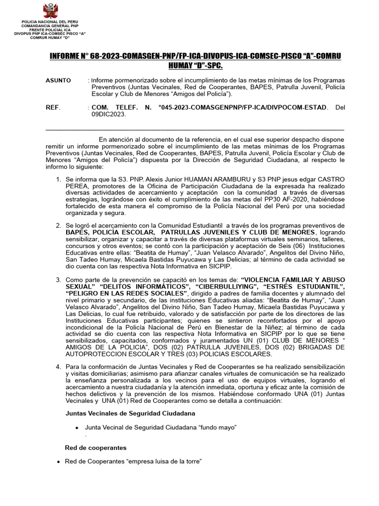 Informe Metas Programas Preventivos PNP | PDF | Policía