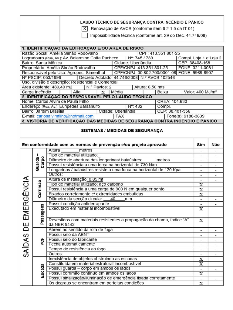 Laudo Técnico Bombeiro - renovação AVCB | PDF