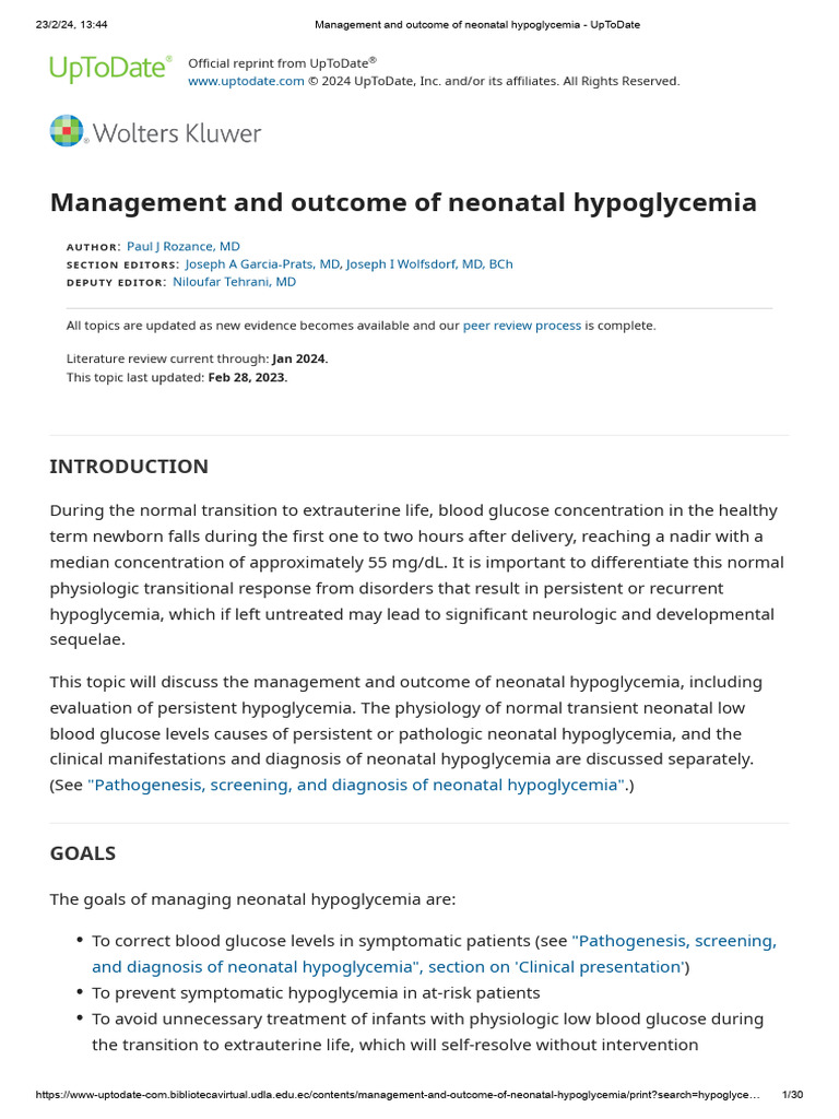 Management and Outcome of Neonatal Hypoglycemia | PDF