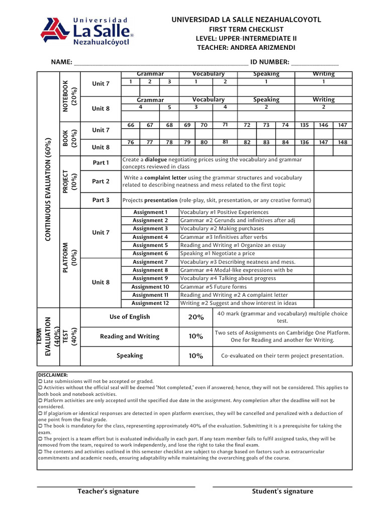 Checklist (First Term) - To Print | PDF