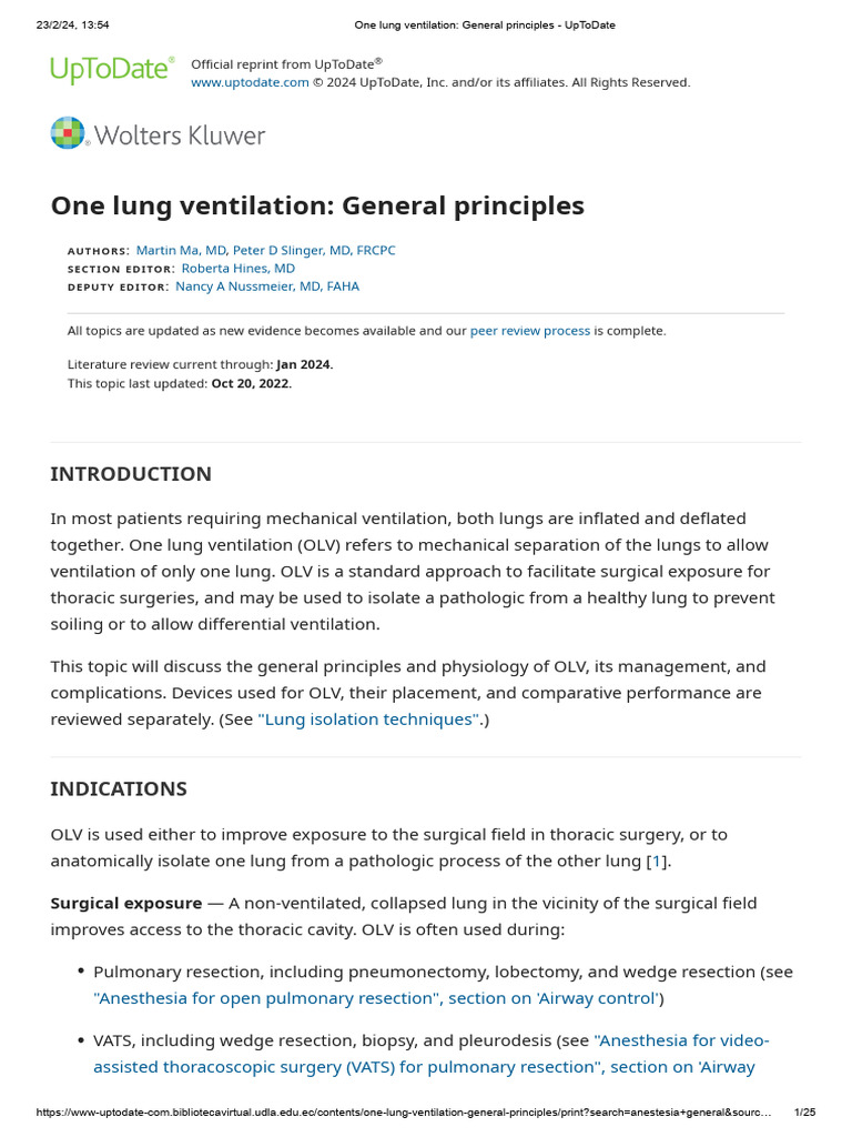 One Lung Ventilation - General Principles - UpToDate | PDF | Anesthesia ...