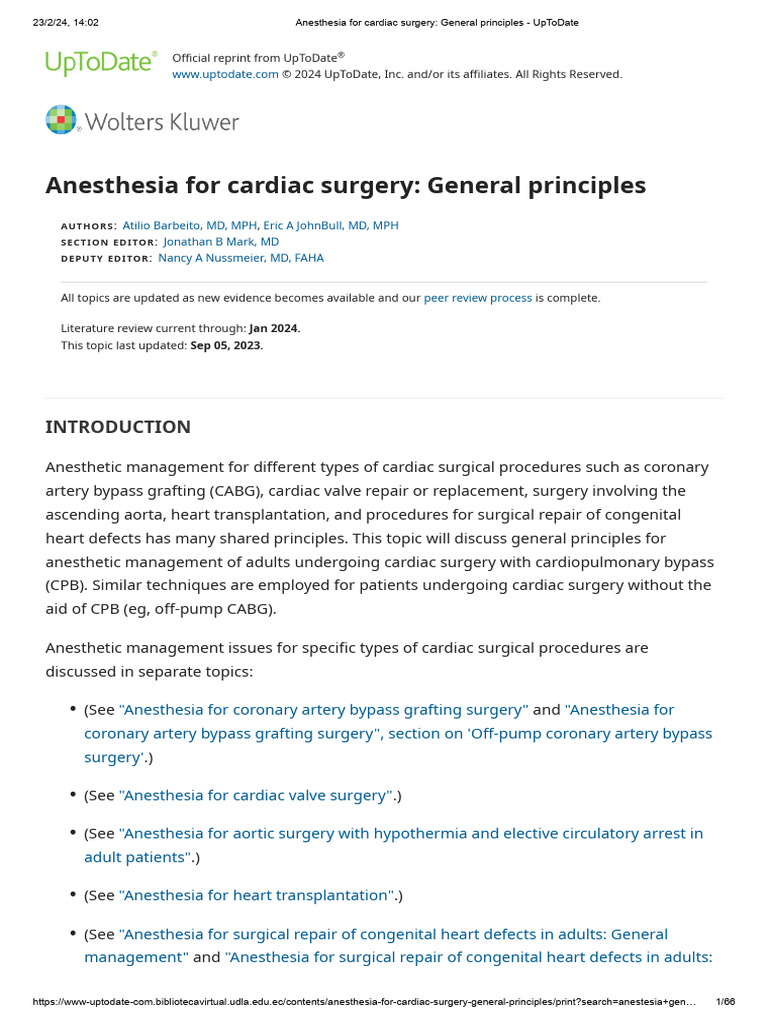 Anesthesia For Cardiac Surgery - General Principles - UpToDate | PDF ...