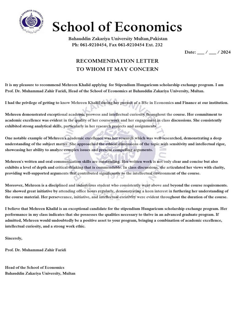 BZU Letter of Recommendation | PDF | Critical Thinking | Learning